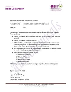 ISOBUTYL ALCOHOL (ISOBUTANOL), Natural- Halal Declaration | Aurochemicals