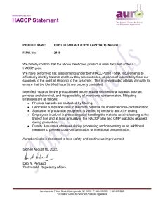 ETHYL OCTANOATE (ETHYL CAPRYLATE), Natural- HACCP Statement | Aurochemicals